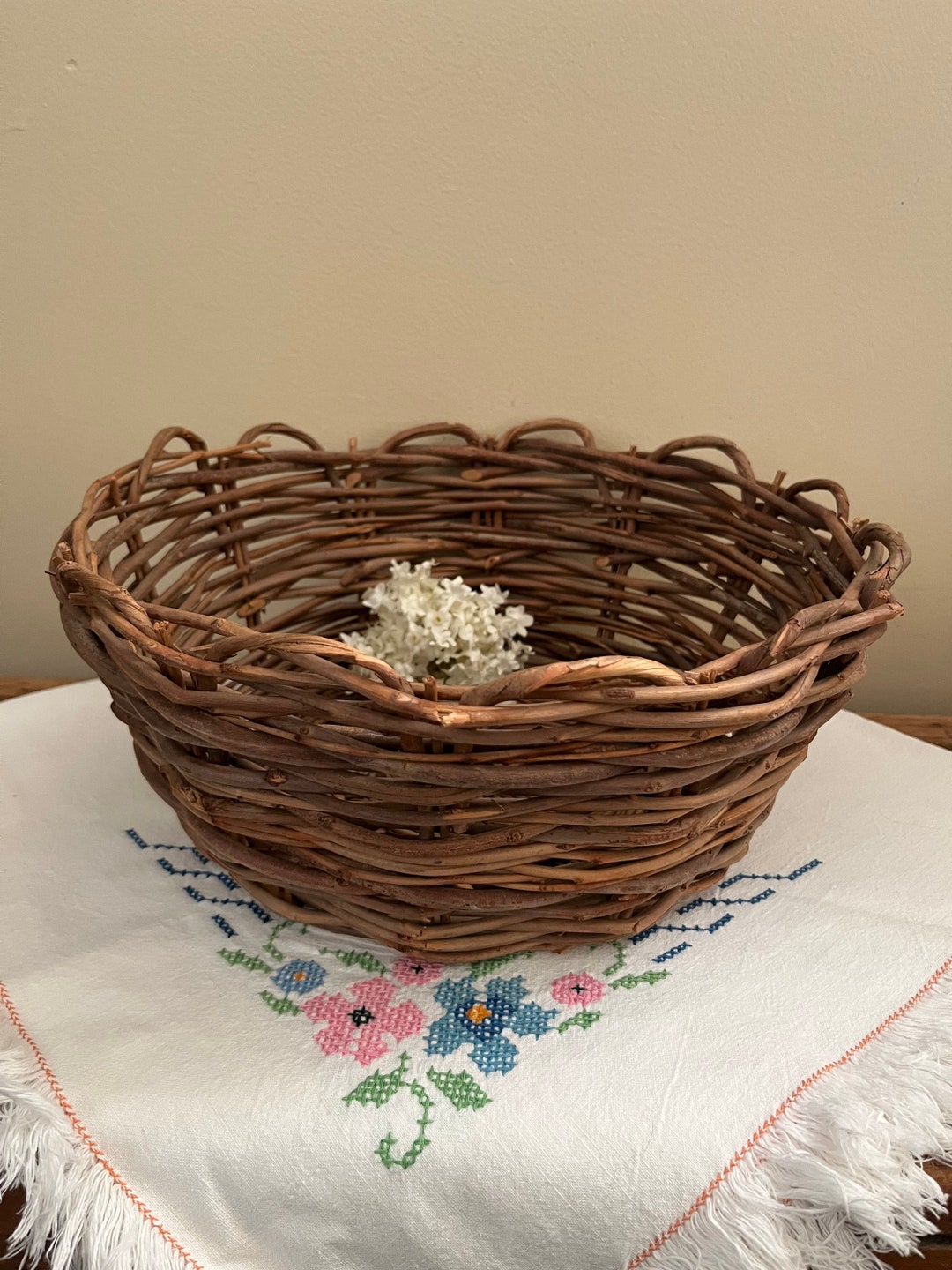 Vintage Twig Basket - Handmade Heavy Twig Basket - Gathering Fruit ...