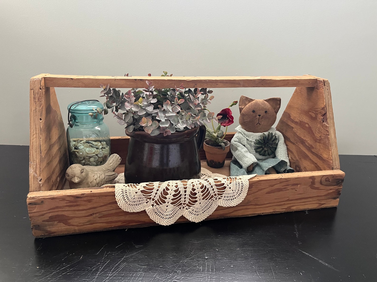 Primitive Wood Tote Box Farmhouse Caddy Handmade Chippy Paint Tote ...