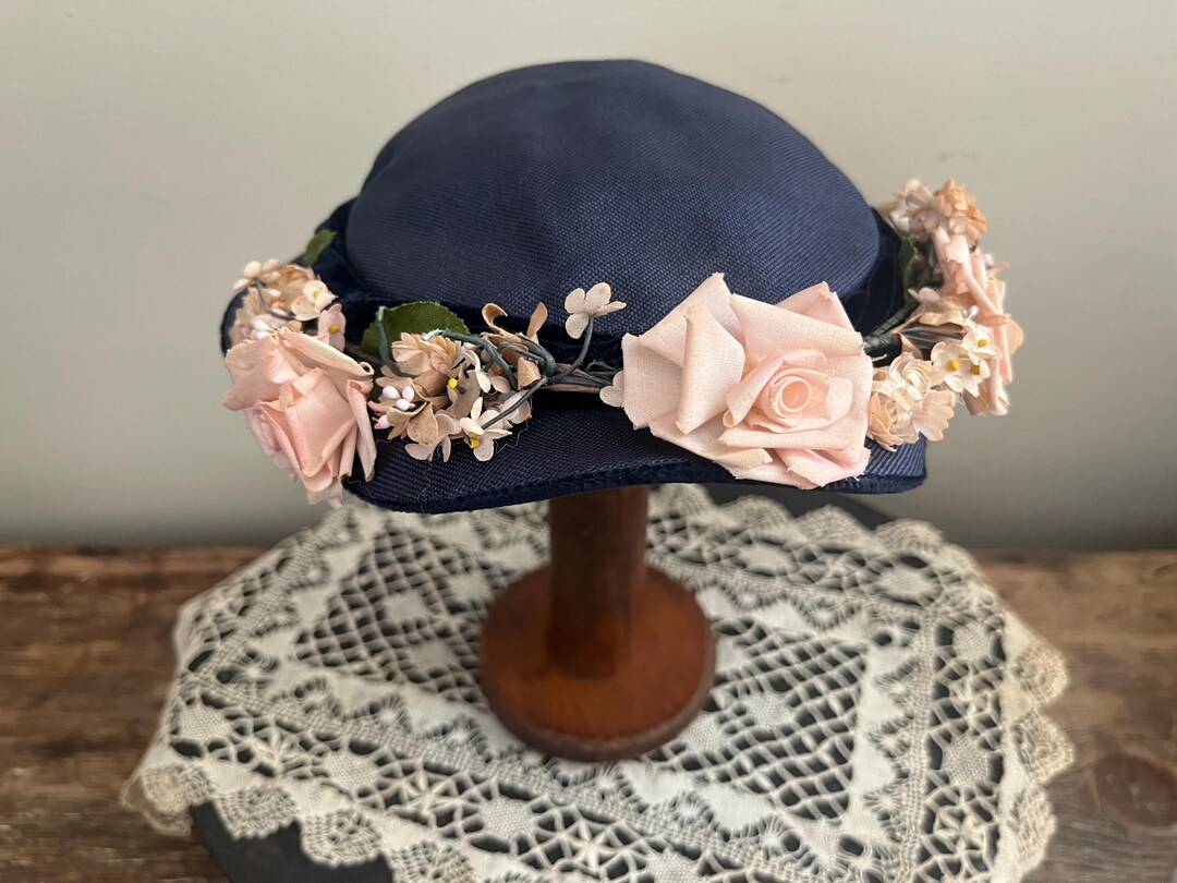 Sweet Navy Blue Shallow Crown Hat - Early Mid Century Hat With Pink ...