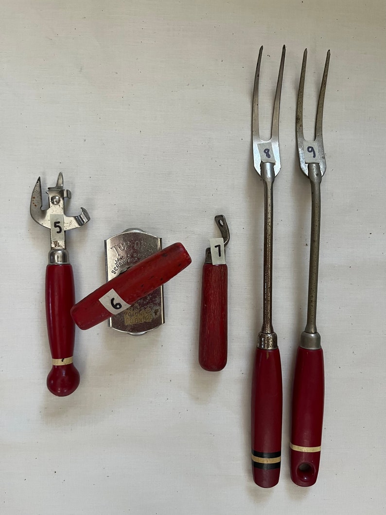 Vintage Red Wood Handle Kitchen Utensils Farmhouse Cottage Ekco Androck ...