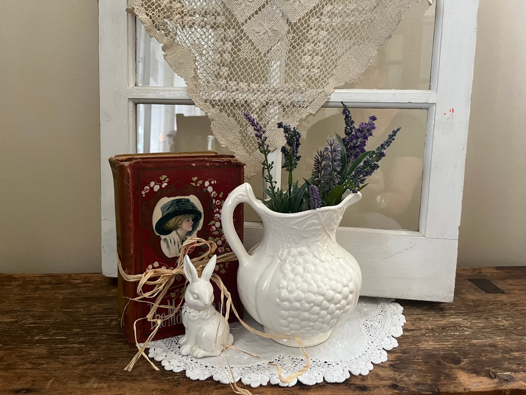Vintage White Pitcher - Simple Small Ceramic White Pitcher With Grape ...