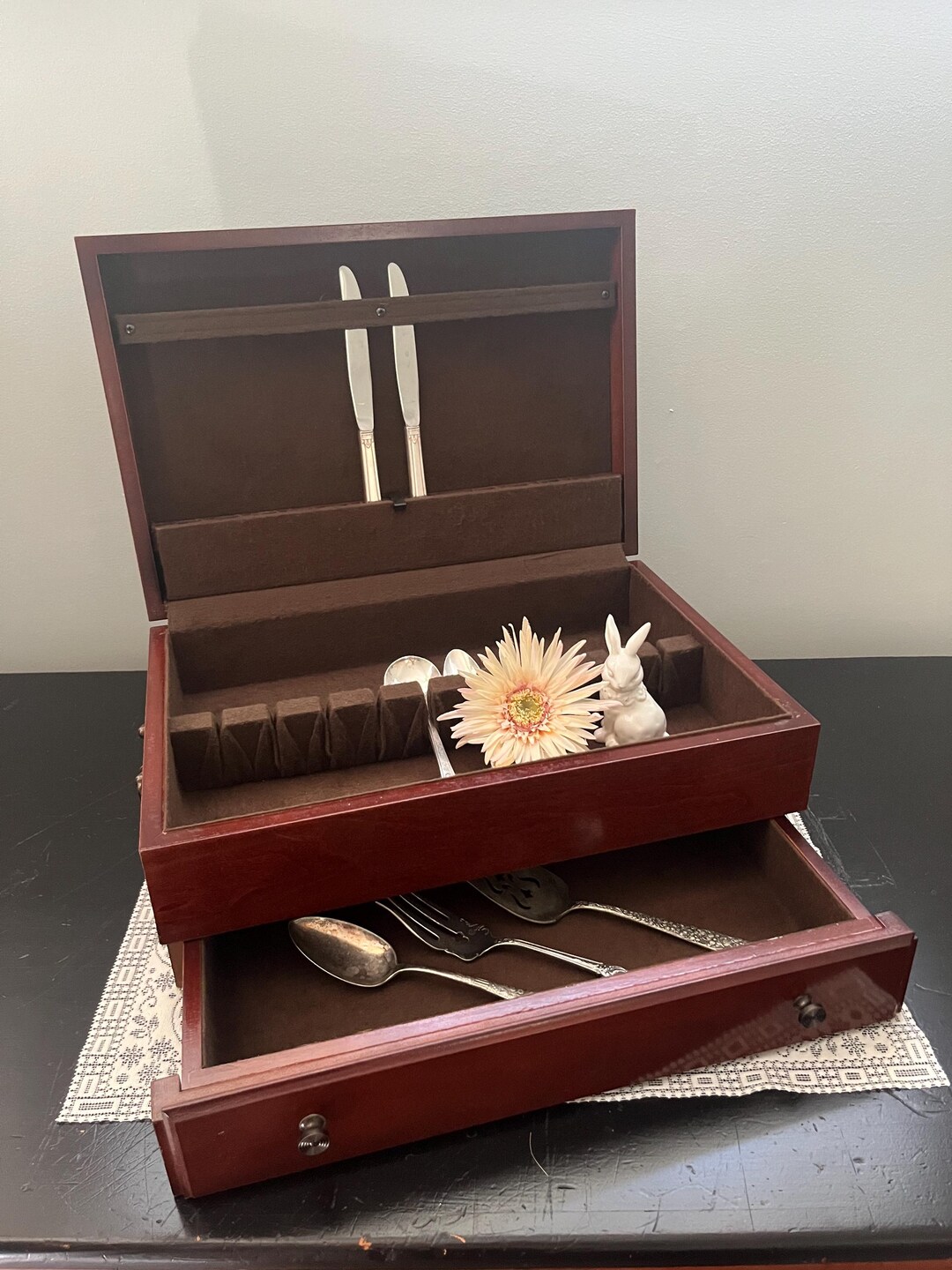 Vintage Flatware Box - Large Silverware Box With Drawer - 12 Place ...