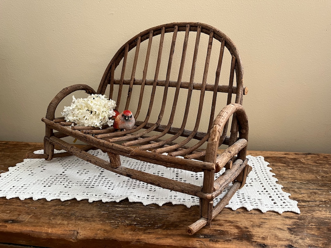 Vintage Rustic Twig Garden Rocking Chair Bench Twig Chair Doll Size ...