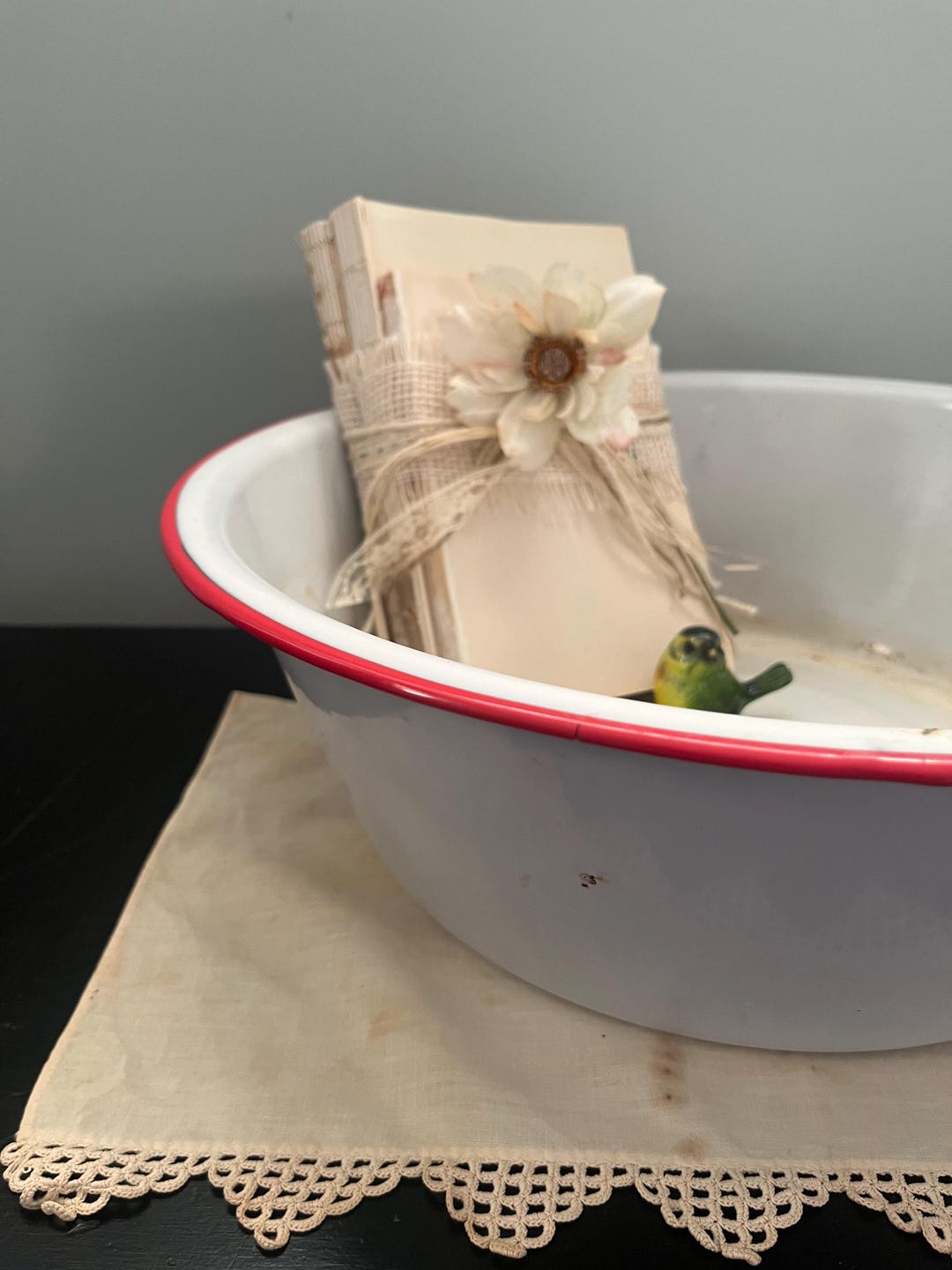 Enamel Wash Basin 14 3/4" Extra Lg Distressed Primitive White Enamel ...