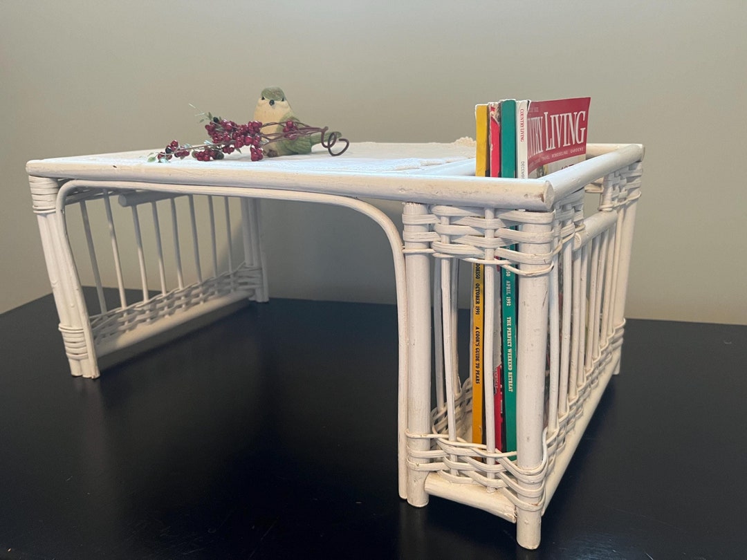 Vintage Bed Tray - White Wicker Bamboo Bed Tray W/ Magazine Storage and ...