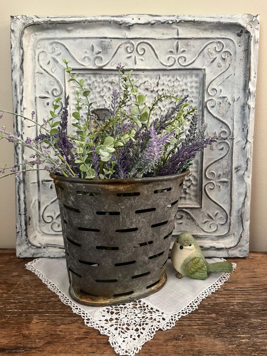Rustic Galvanized Olive Bucket W/ Handle - Distressed Primitive Country ...