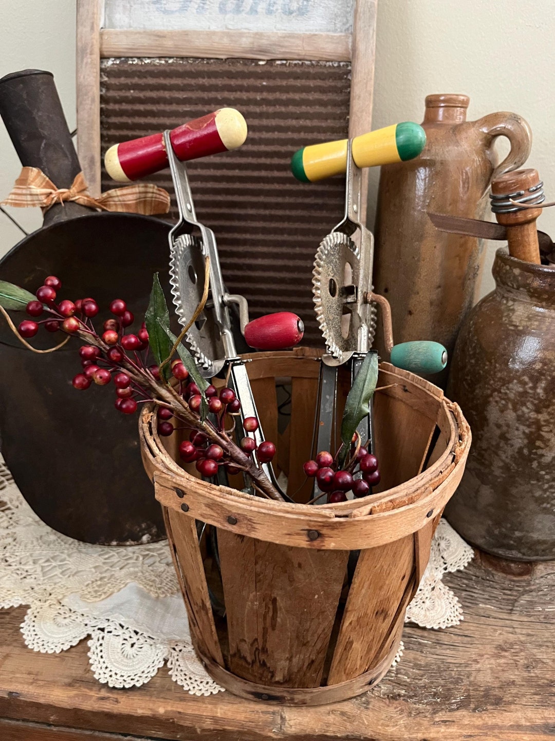 Vintage Primitive Hand Mixer - Wood Handle Knob Stainless Hand Mixer ...