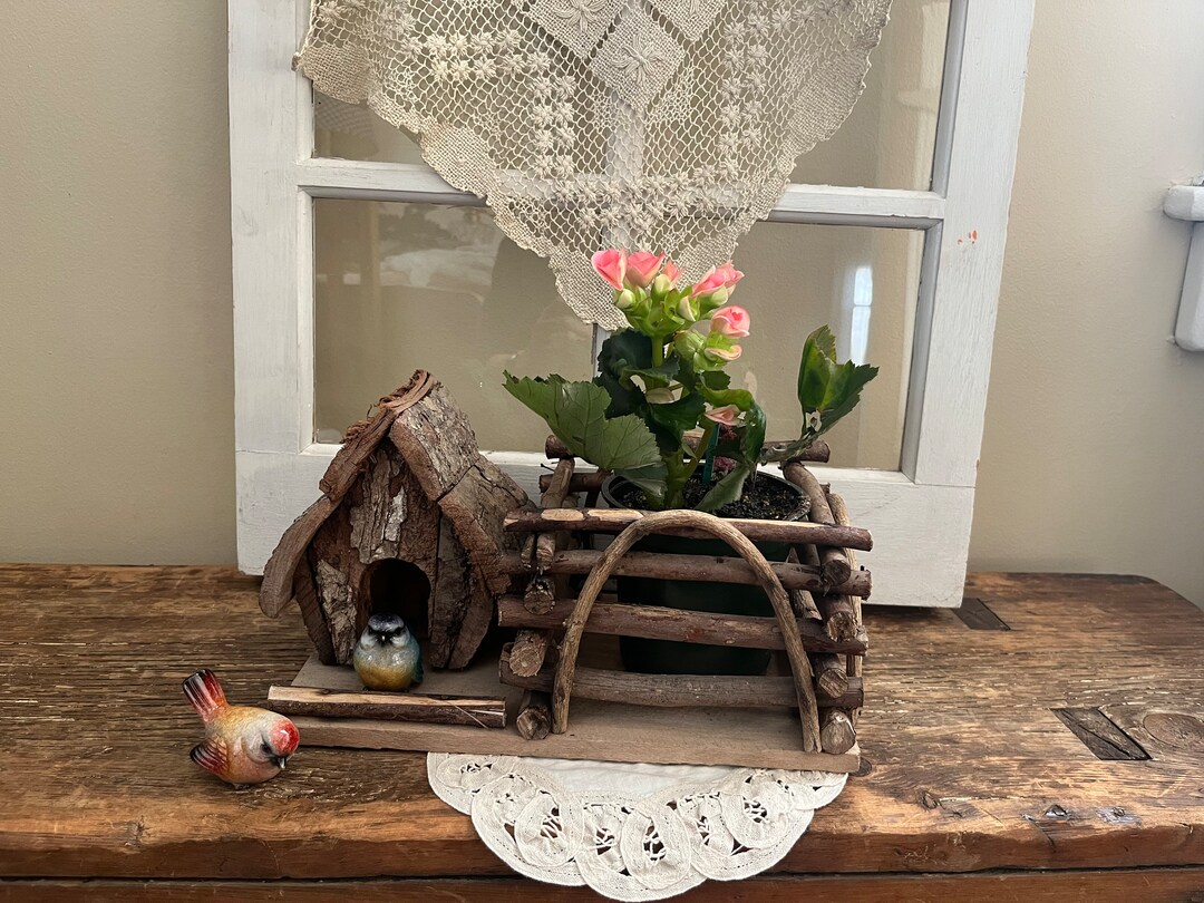 Charming Primitive Tree Bark Bird House Twig Plant Holder - Vintage ...