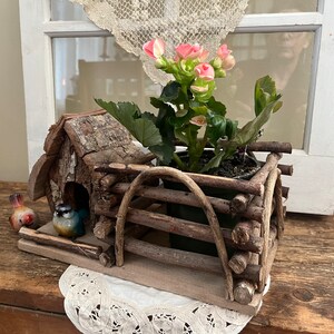 Charming Primitive Tree Bark Bird House Twig Plant Holder - Vintage ...