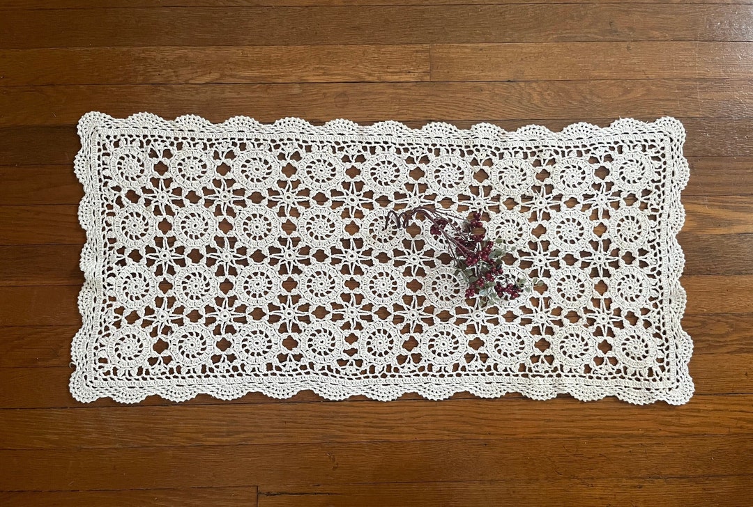 Vintage Crocheted Table Runner Dresser Scarf Handmade Crochet Table ...