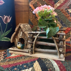 Charming Primitive Tree Bark Bird House Twig Plant Holder - Vintage ...
