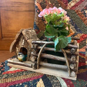 Charming Primitive Tree Bark Bird House Twig Plant Holder - Vintage ...