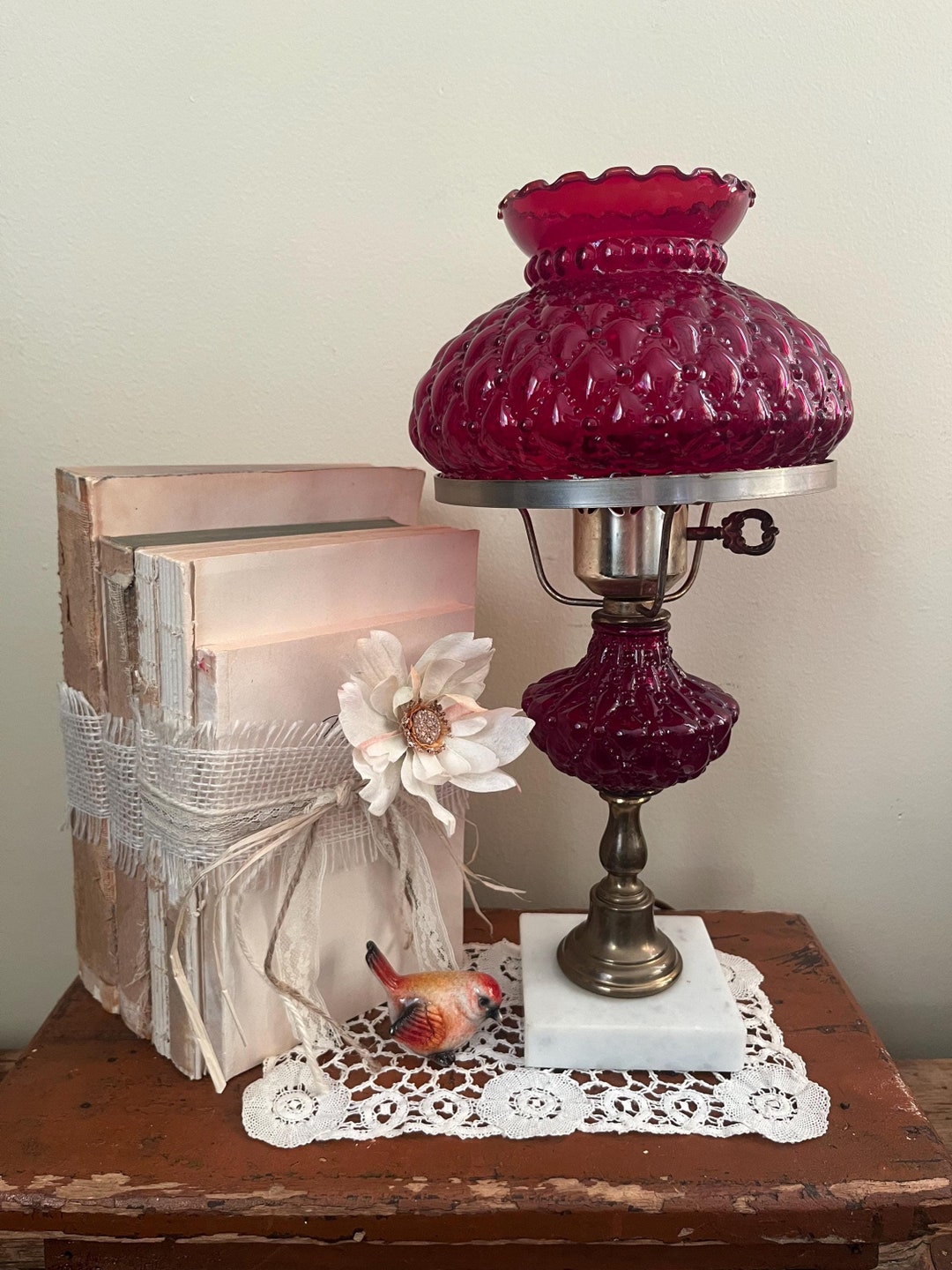 Vintage Ruby Red Glass Victorian Parlour Table Lamp - Petite GWTW ...