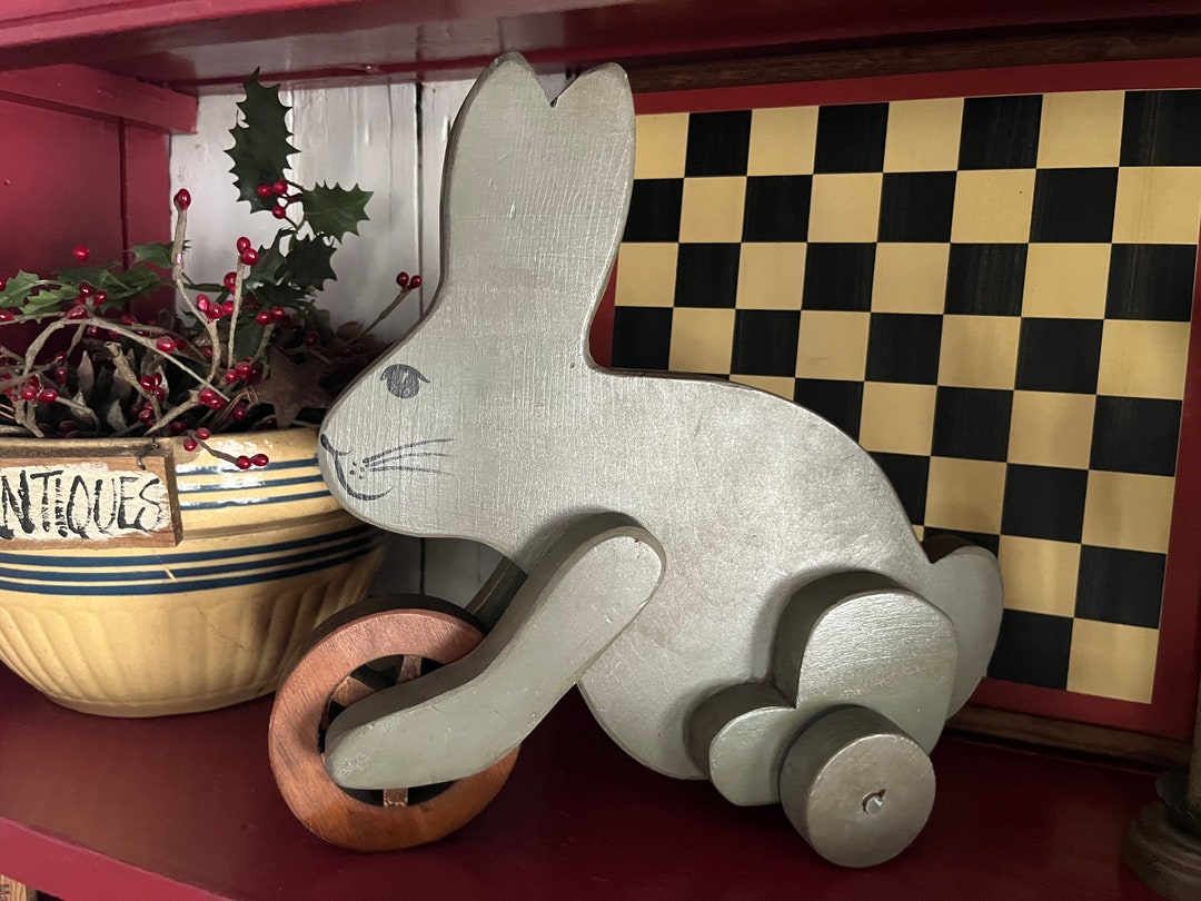 Wood Rabbit on Wheels Bunny Wood Push Toy Wooden Rolling Rabbit Vintage ...