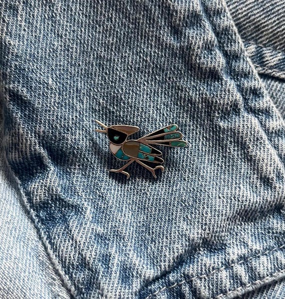 Zuni Roadrunner Inlay Turquoise Pin - Circa 1970 - Vi… - Gem