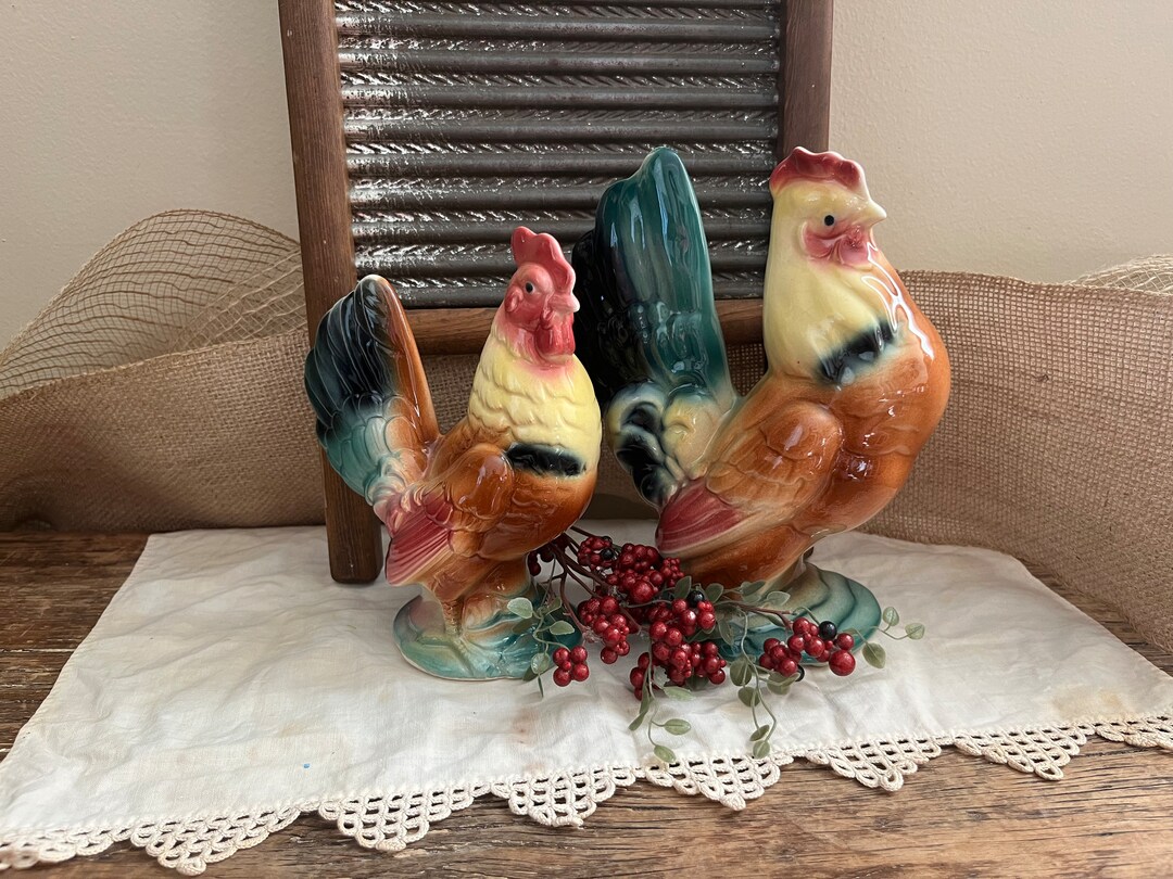 Pair of Vintage Rooster Figurines - Farmhouse Decor - Vintage Ceramic ...