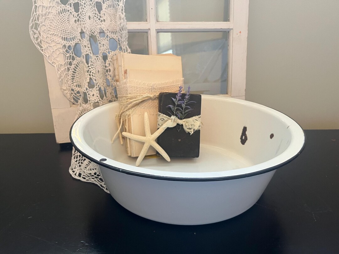 Enamel Wash Basin 15" Extra Lg Distressed Primitive White Enamel Basin ...