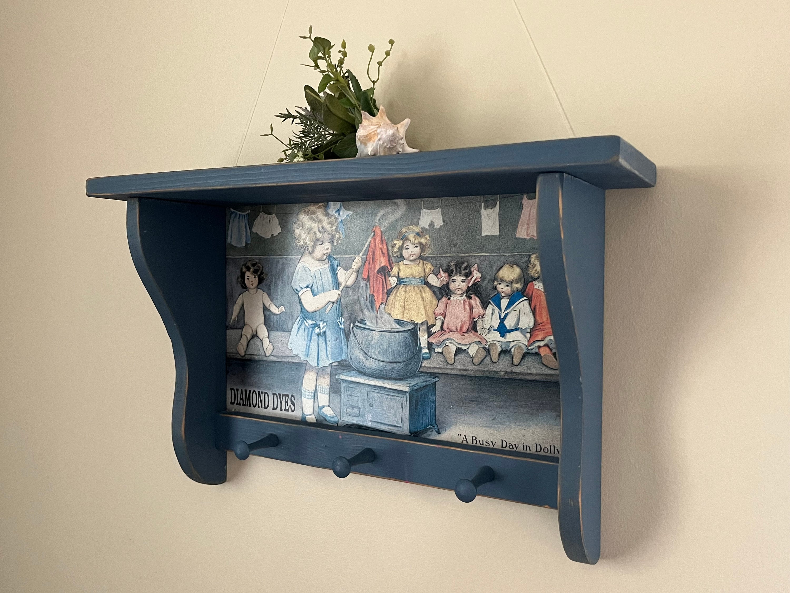 Vintage Wooden Shaker Shelf W/ DIAMOND DYES Tin Ad 3 Peg Shelf 20 Pine ...