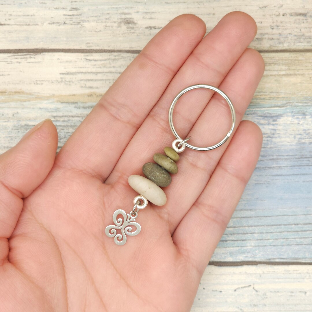 Stacked Stone With Butterfly Charm Keychain, Beach Rock Cairn Keychain ...