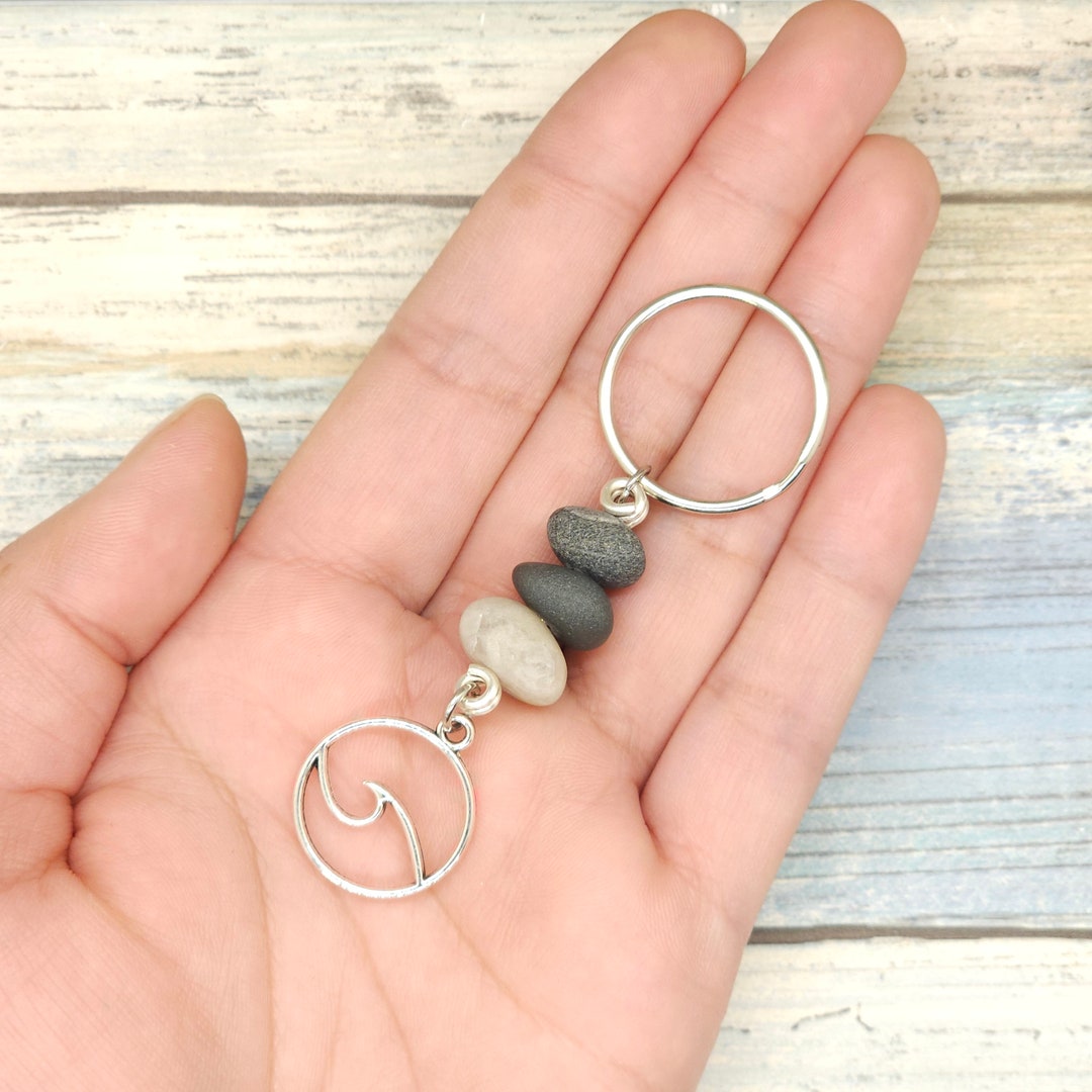 Stacked Stone With Wave Charm Keychain, Beach Rock Cairn Keychain ...