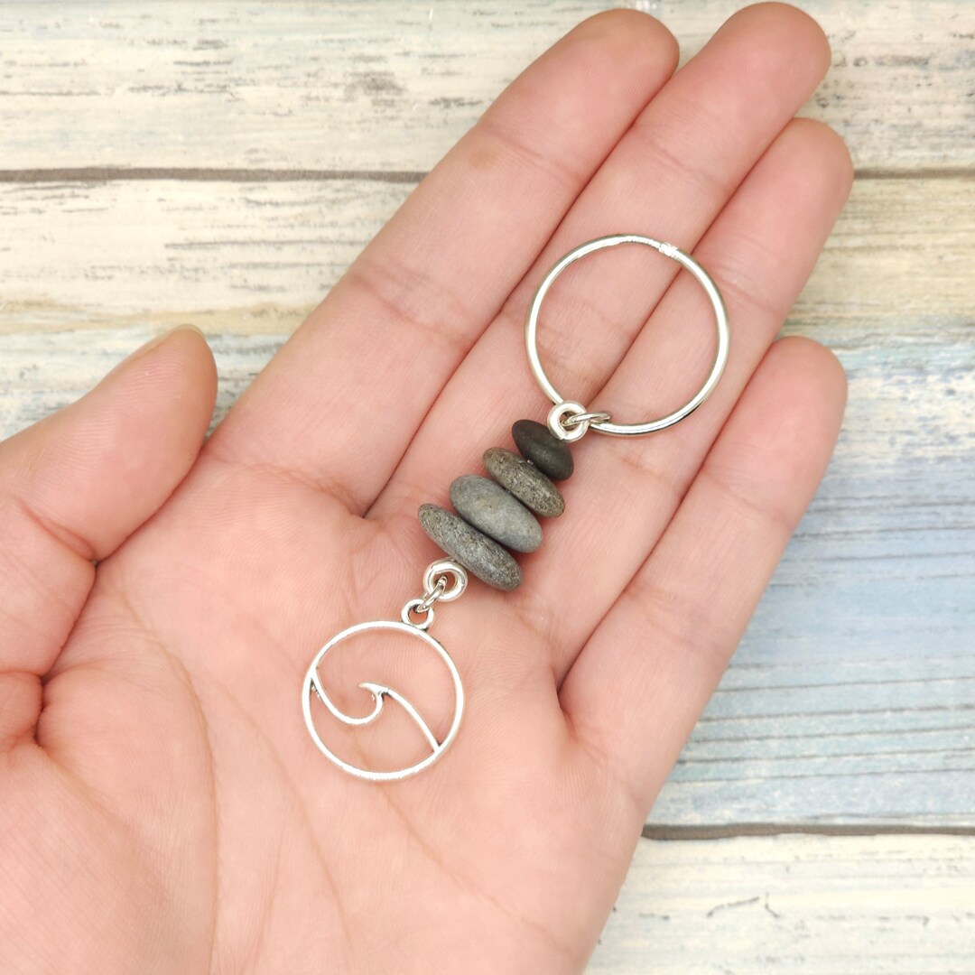 Stacked Stone With Wave Charm Keychain, Beach Rock Cairn Keychain ...