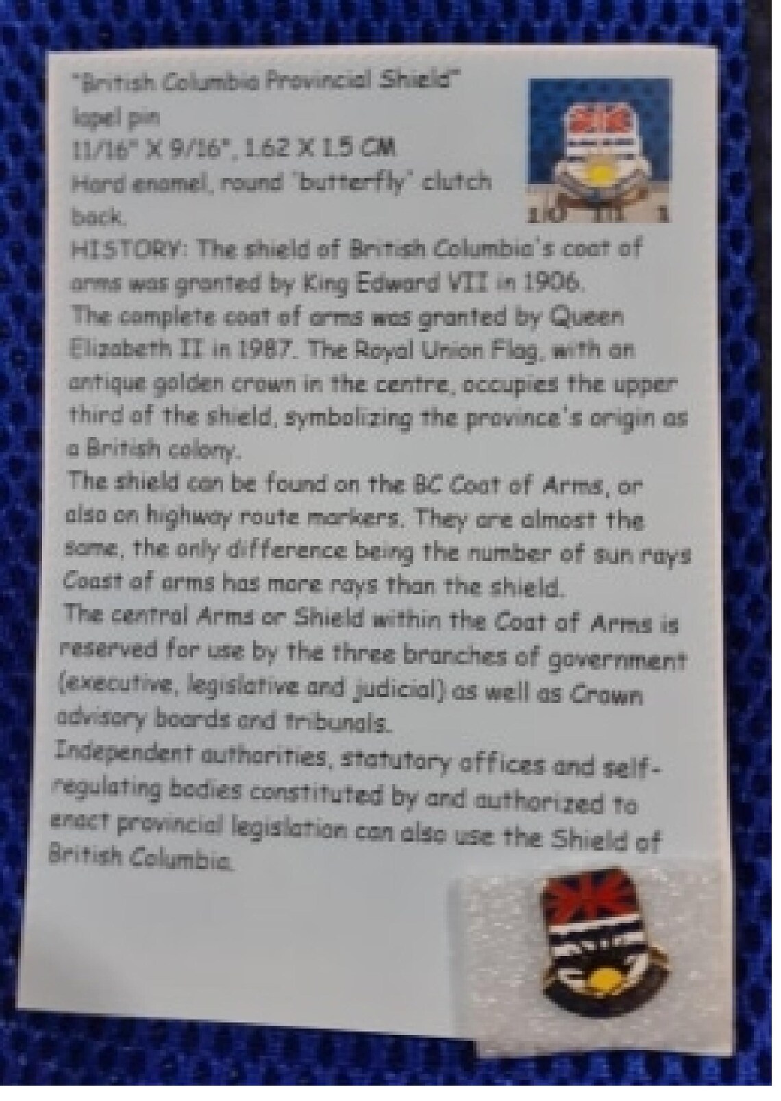 Classic-“british Columbia Provincial Shield” Lapel Pin - Etsy Canada