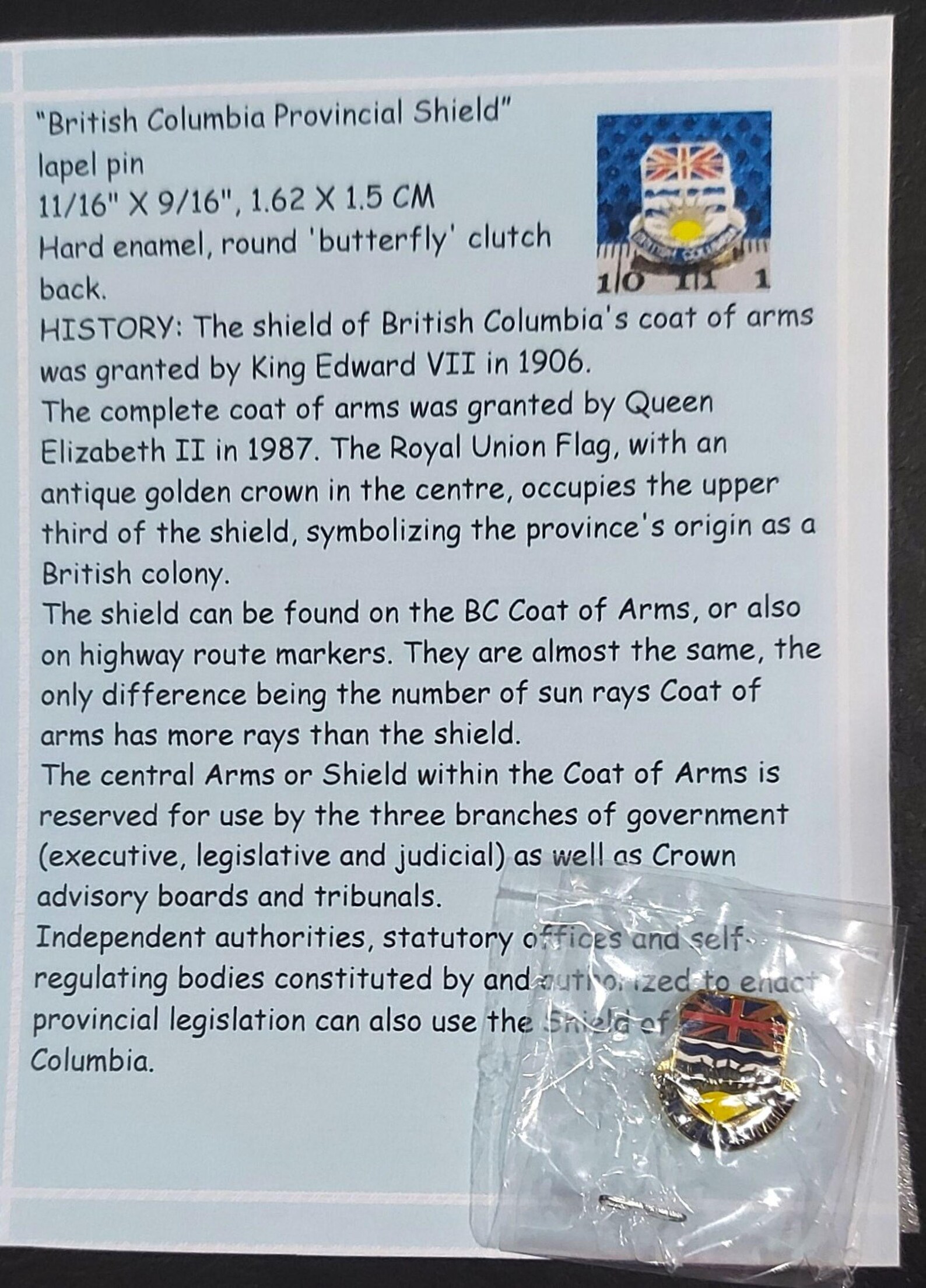 Classic-“british Columbia Provincial Shield” Lapel Pin - Etsy Canada
