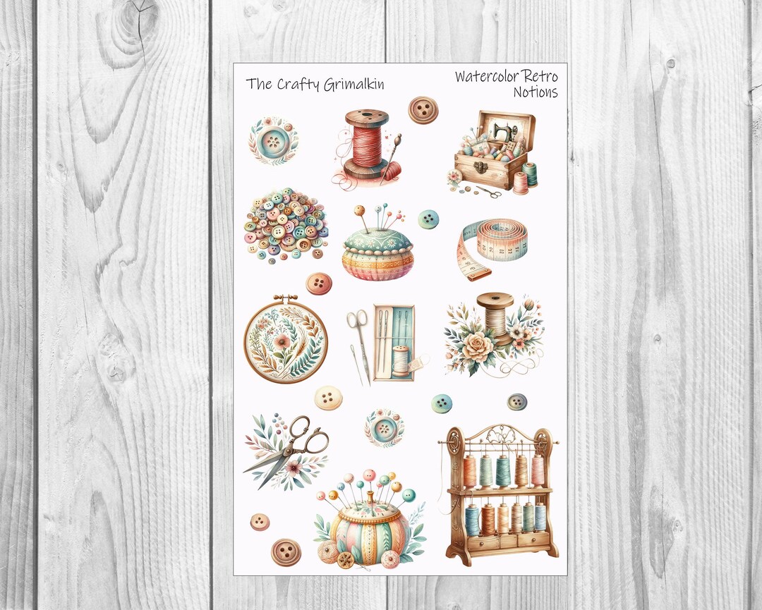 Watercolor Retro Needlework and Sewing Large Sticker Sheet for Journals ...