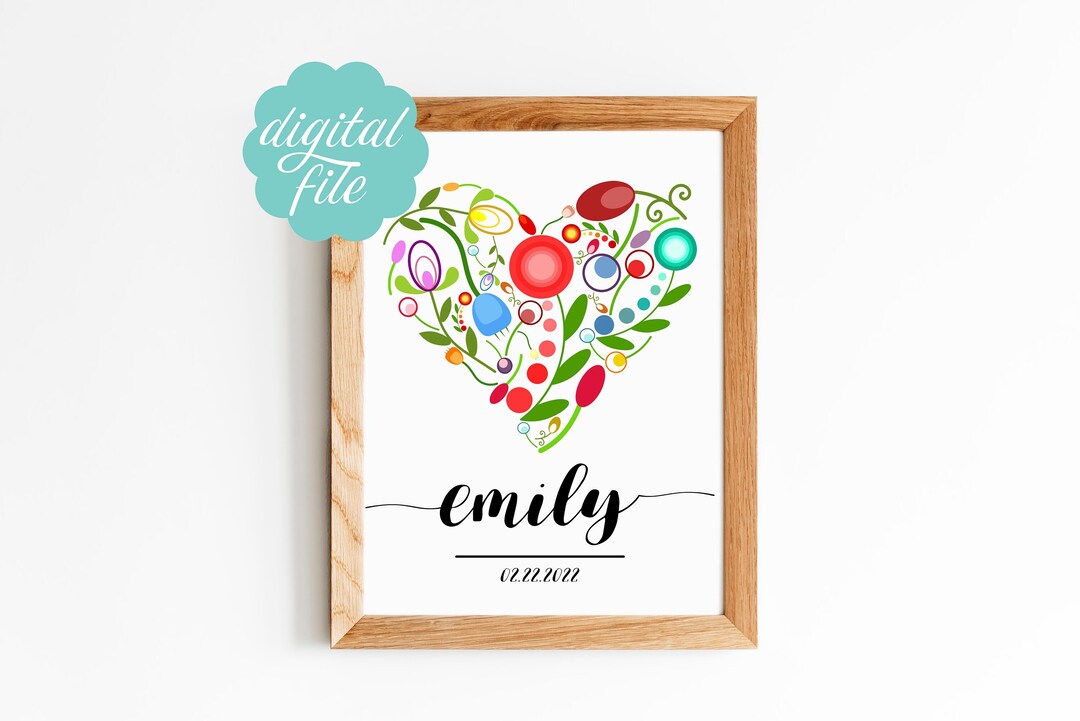 Floral Heart // Name Printable for Nursery Baby Date of Birth - Etsy