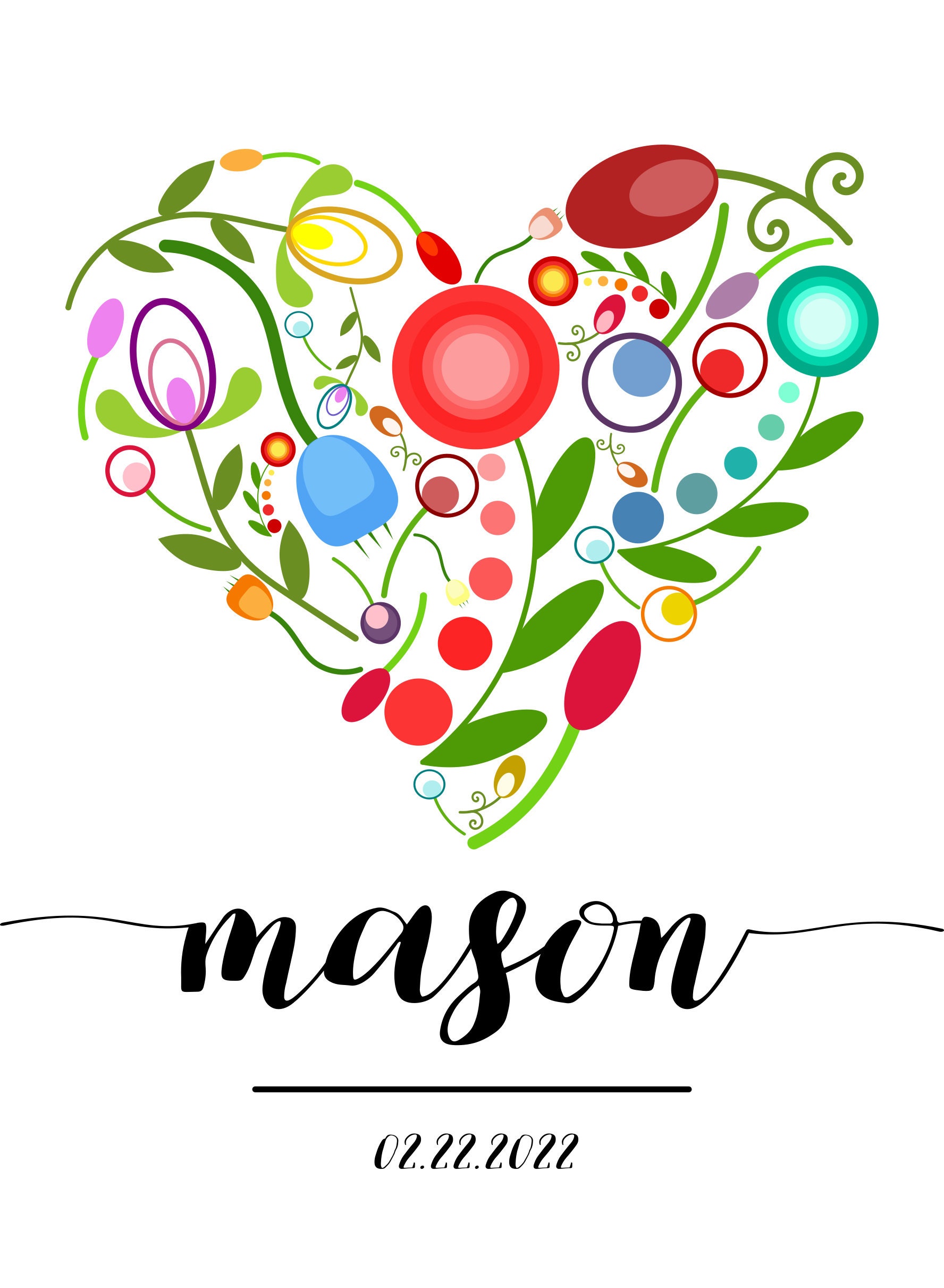 Floral Heart // Name Printable for Nursery Baby Date of Birth - Etsy