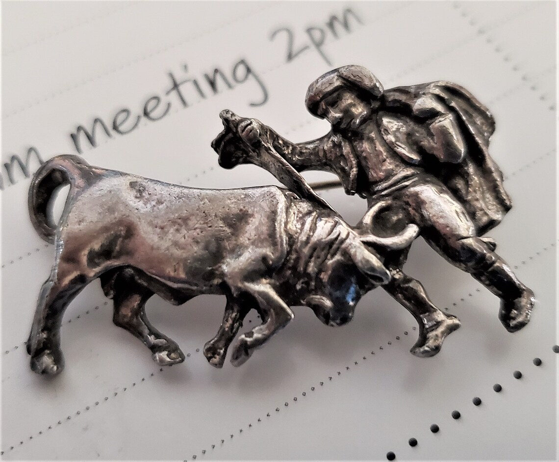 Vintage Pewter Bullfighter Pin Matador and Bull Brooch - Etsy