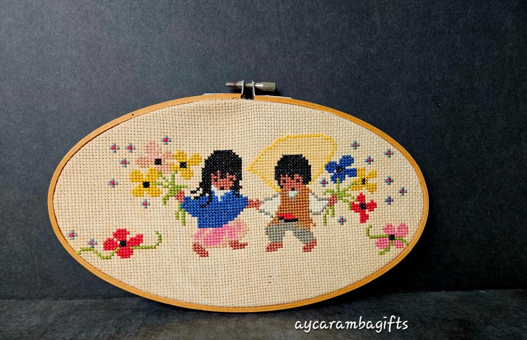Adorable Vintage Mexican Boy and Girl in the Garden Oval Cross ...