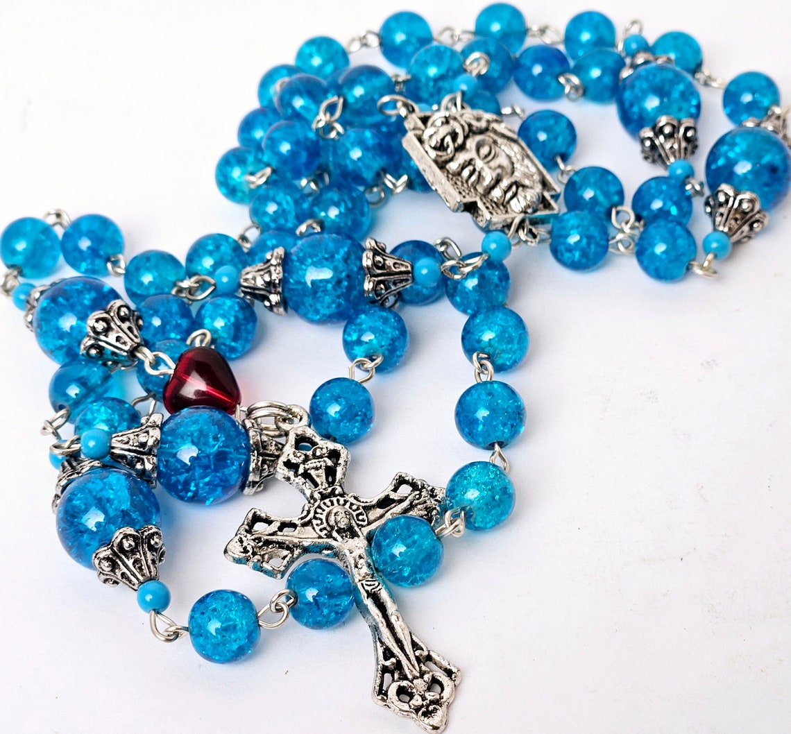 Handcrafted Blue Crackled Glass Catholic Rosary With Christ Center - Etsy