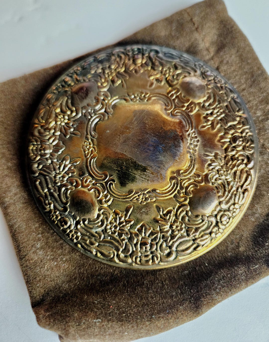 Vintage Ornate Patinated Compact Mirror With Canvas Pouch – Floral ...