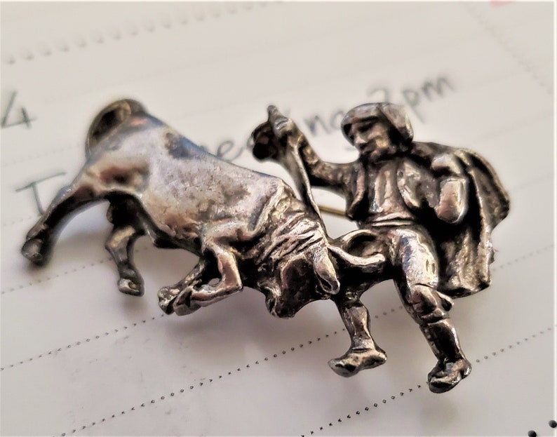 Vintage Pewter Bullfighter Pin Matador and Bull Brooch - Etsy