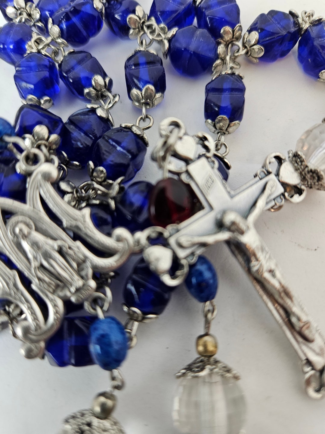 Vintage Reclaimed Cobalt Blue Art Glass Rosary Necklace in Honor of Our ...