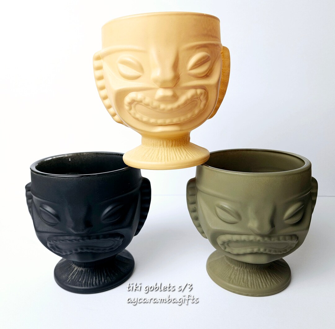 Vintage Frosted Glasstwo Faced Tiki Cocktail Goblet Set of Three Black ...