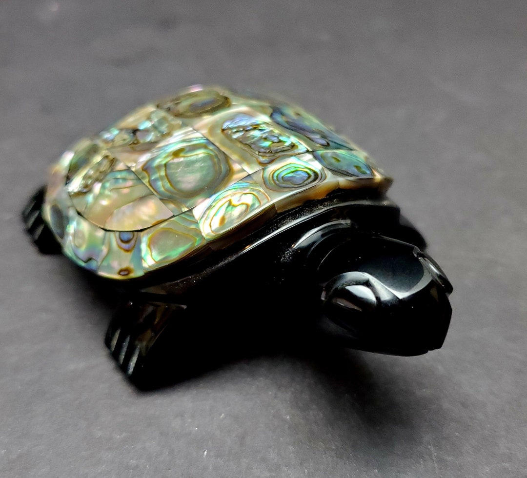 Vintage Black Obsidian Abalone Mother of Pearl Shell Turtle Figurine - Etsy