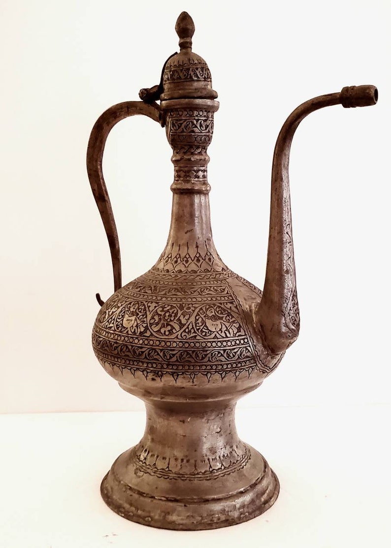 Antique Large Middle Eastern Turkish Pewter Ewer Etched - Etsy