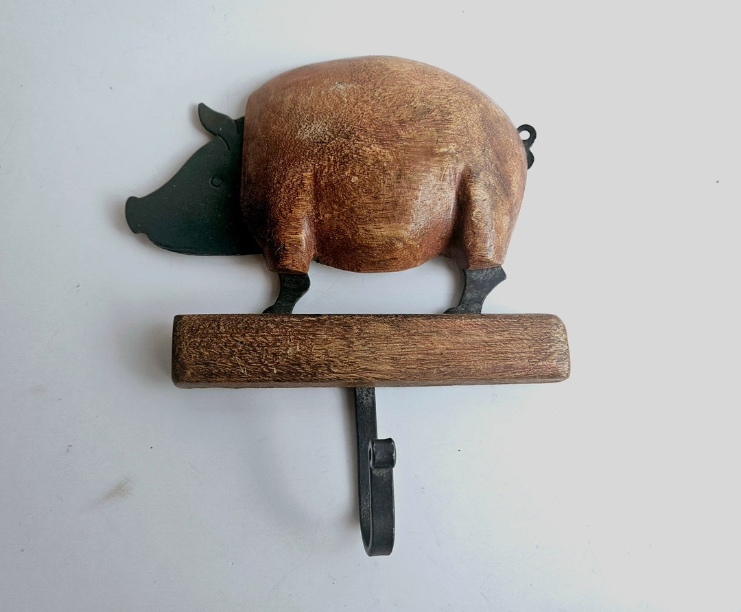 Vintage Pig Wall Hook Metal and Wood Primitive Rustic Decorative ...