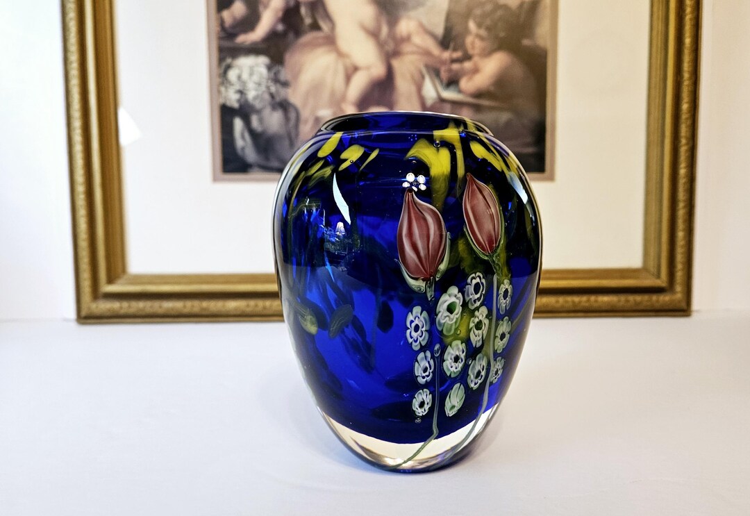 Vintage Arthur Kusak Art Glass Millefiori Vase Cobalt Blue Vessel - Etsy