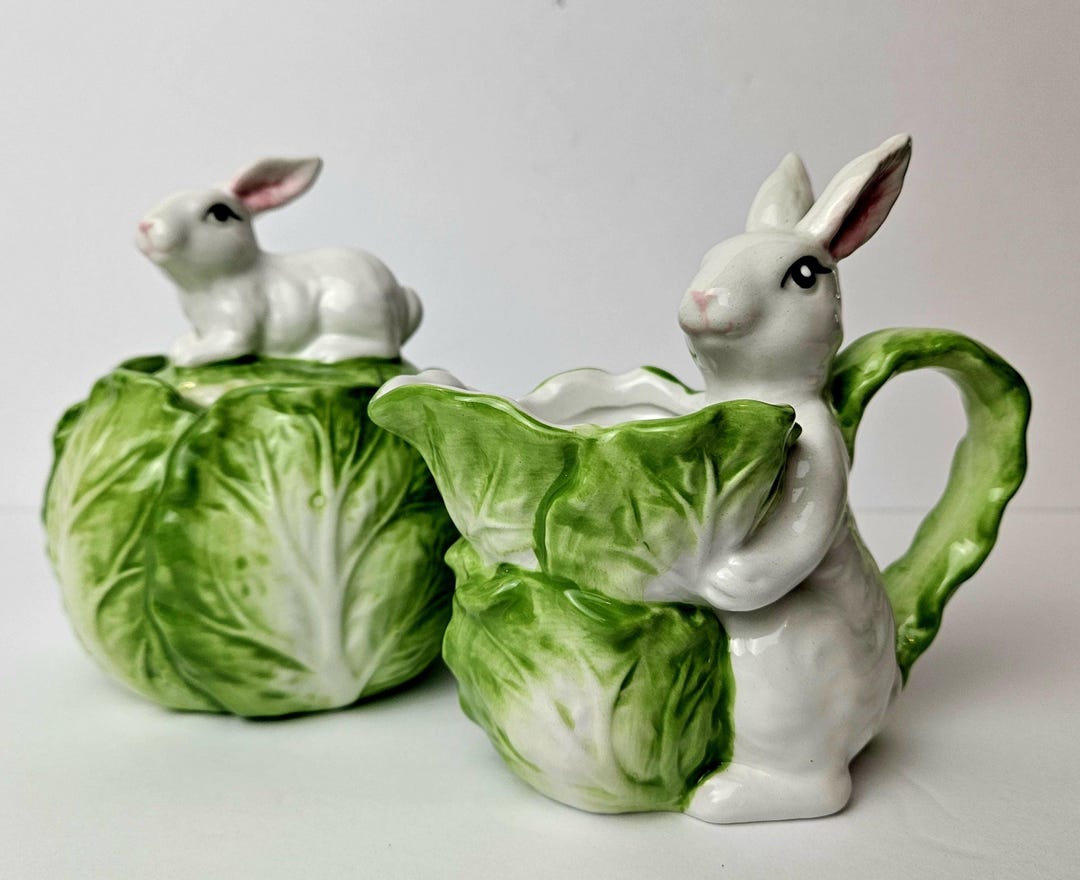 Vintage Handcrafted Corner Ruby Bunny Rabbit Cabbage Creamer Pitcher ...