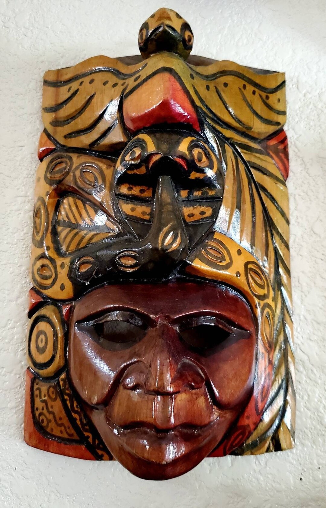 Vintage Hand Carved Wood Mask of Tecun Uman Ruler of the K'iche' Maya ...