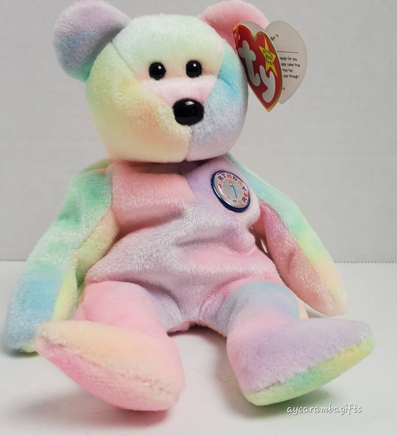 Rare 1999 Ty Beanie Baby Birthday Bear: Rainbow Ty-dye With Tag Errors ...