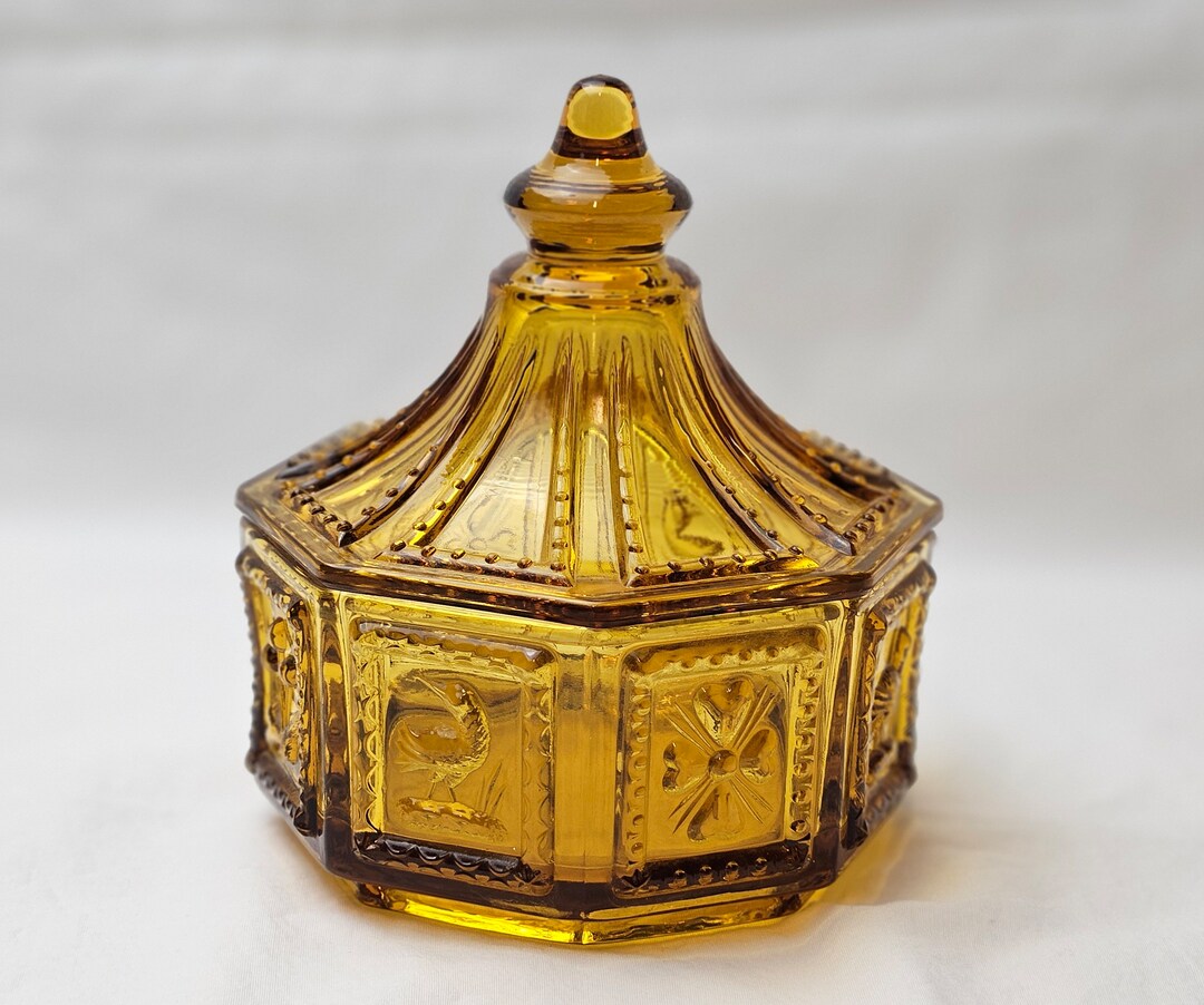 Vintage Amber Covered Candy Octagonal Dishwith Birds and Clover Leaves ...