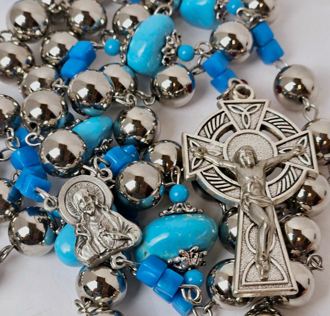 Handmade Irish Catholic Chrome Rosary Celtic Crucifix Sacred Heart ...