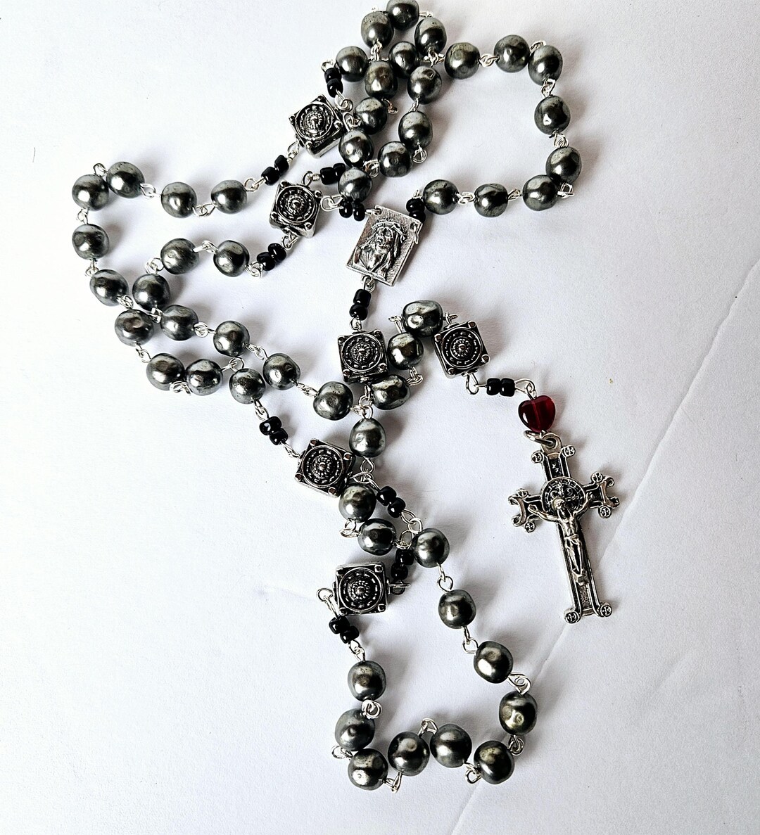 Handmade Silver Pearl Rosary With Christ Face Center - Catholic Gift - Etsy