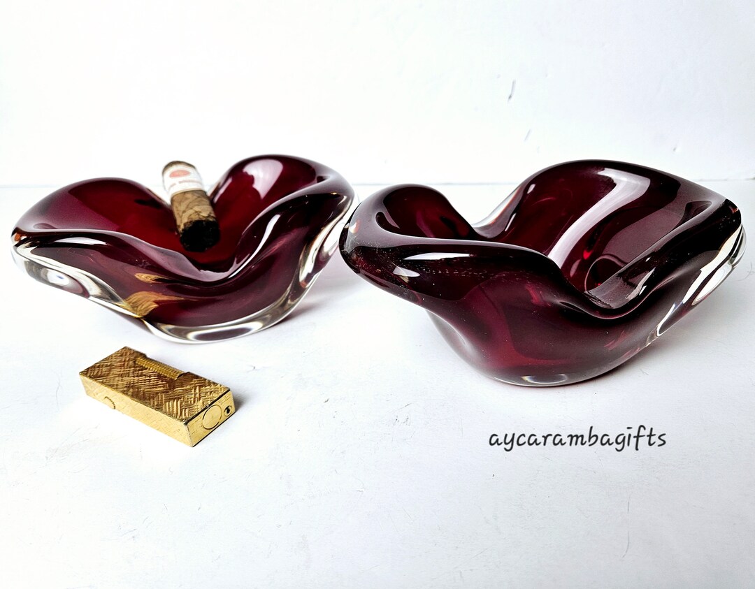 Vintage Murano Ruby Red on Clear Pinched Art Glass Cigar Ashtrays (pair ...
