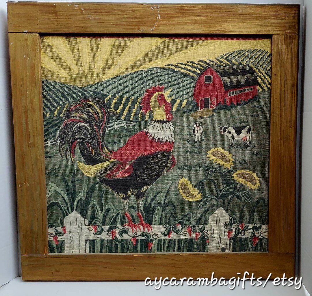 Vintage Rooster Tapestry: Framed Farmhouse Textile Art, Country Kitchen ...