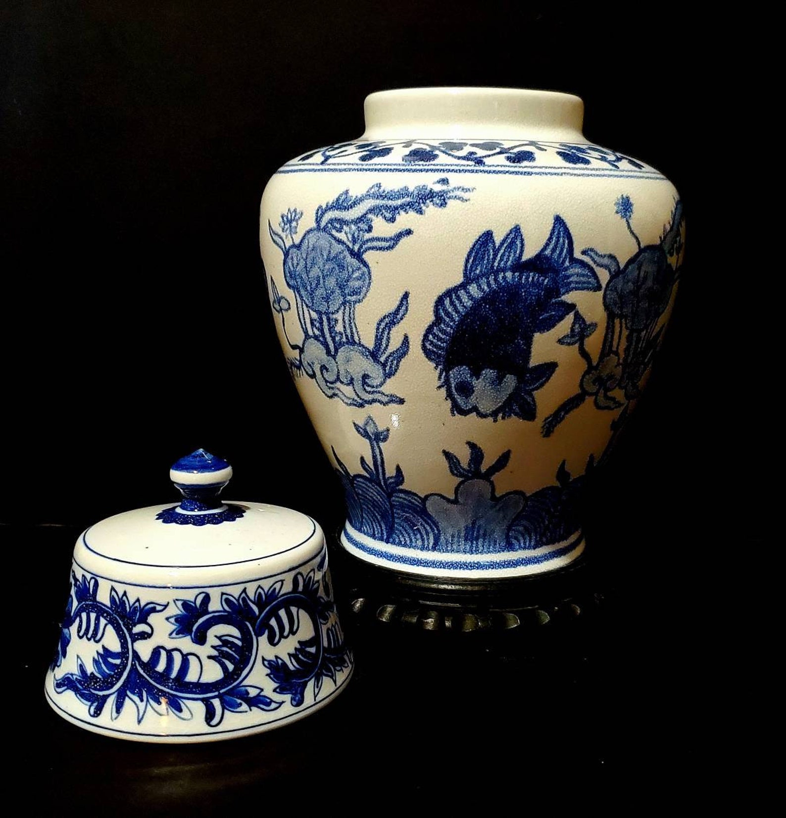 Vintage Chinese Blue and White Hand Painted Koi Fish Facing up - Etsy